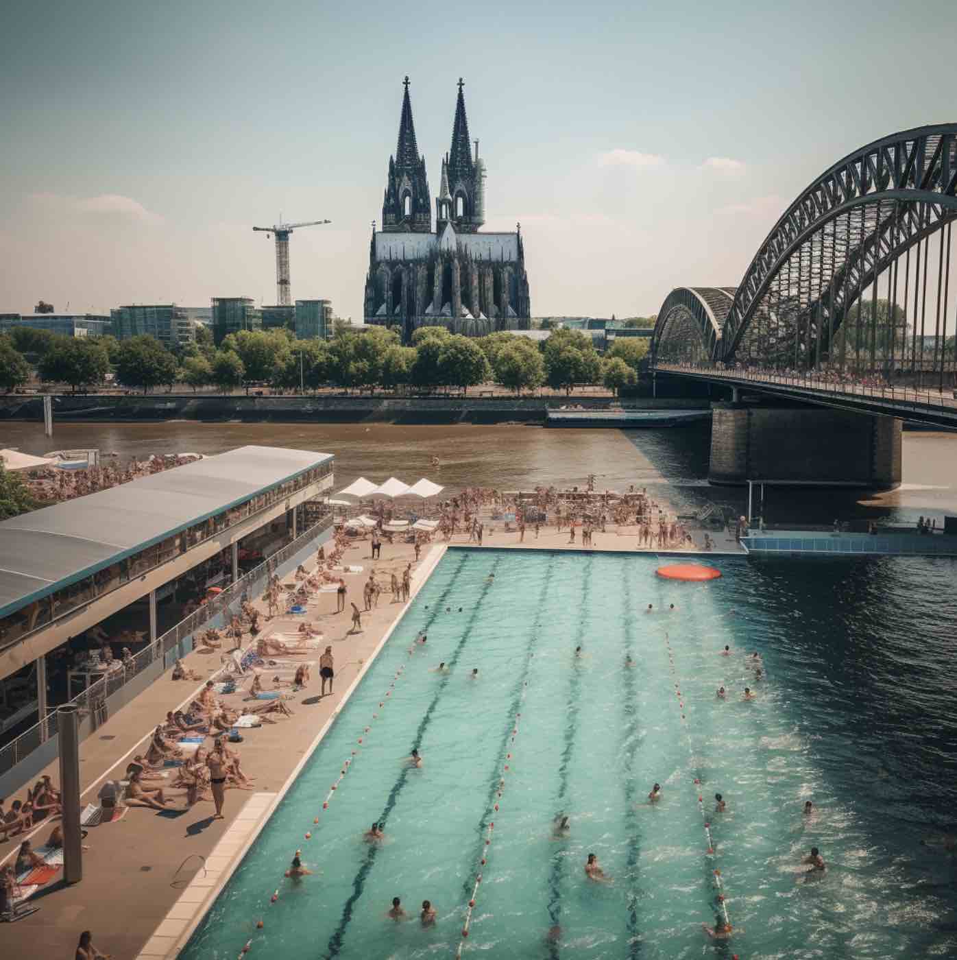 6 KI-Bilder, die zeigen, wie ein Freibad am Rhein mit Domblick aussehen ...